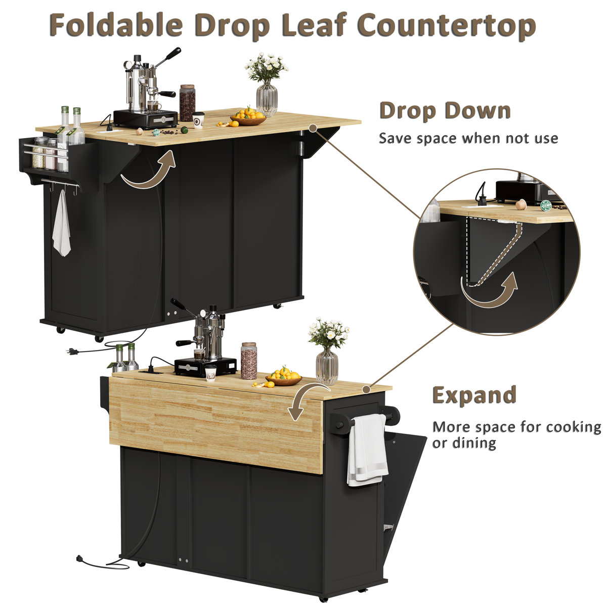 Winston Porter Rolling Kitchen Island With Power Outlet & Drop Leaf, Mobile Kitchen Island Cart ...